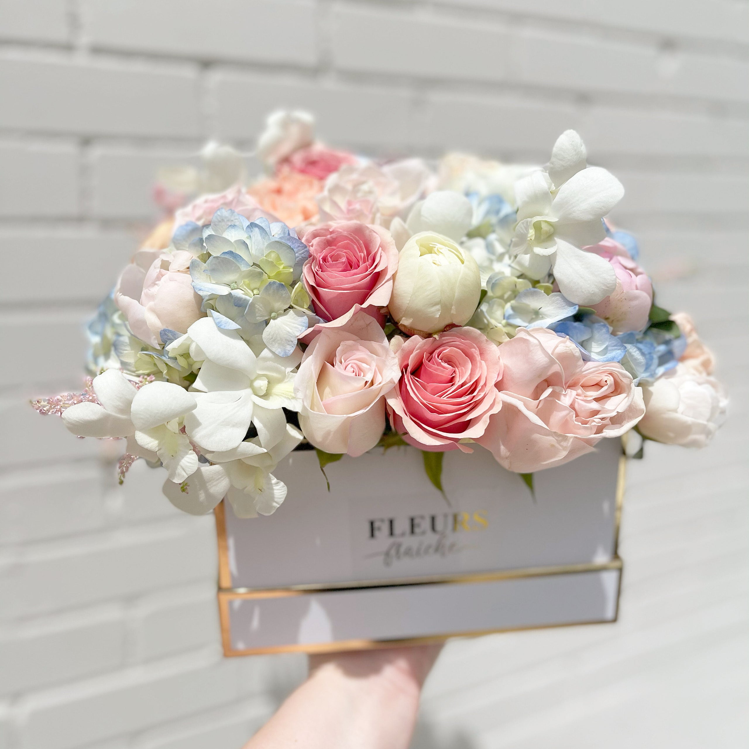Ranunculus, Rose + Baby Blue Hydrangea Box - Large Square Box - Gold ...